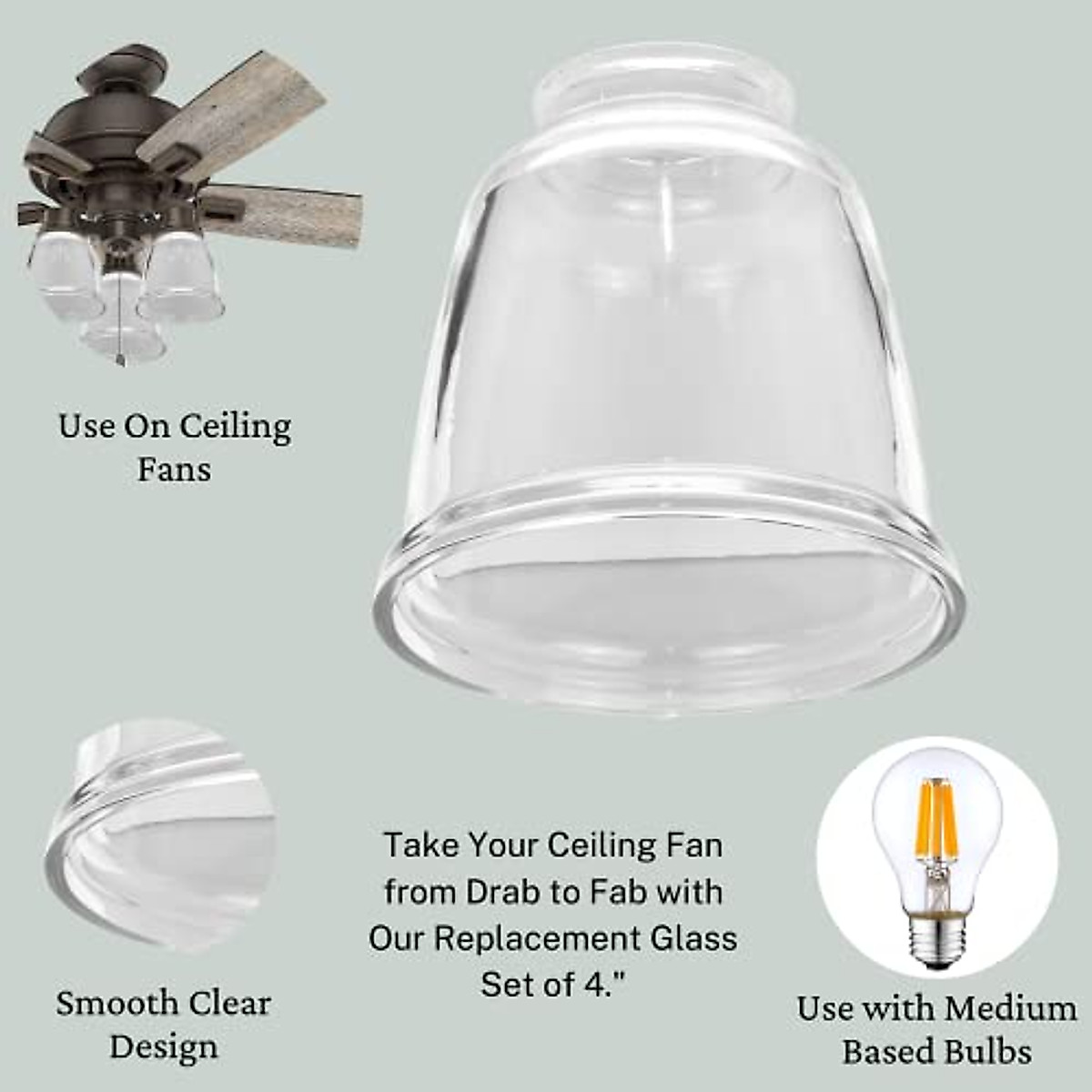 LIGHTACCENT Clear Glass Ceiling Fan Light Covers, Glass Lamp Shade Replacement for Ceiling Fans with Lights, Ceiling Fan Globe Replacement, Fan Light Cover, Black Light, 4-Pack Set of 4