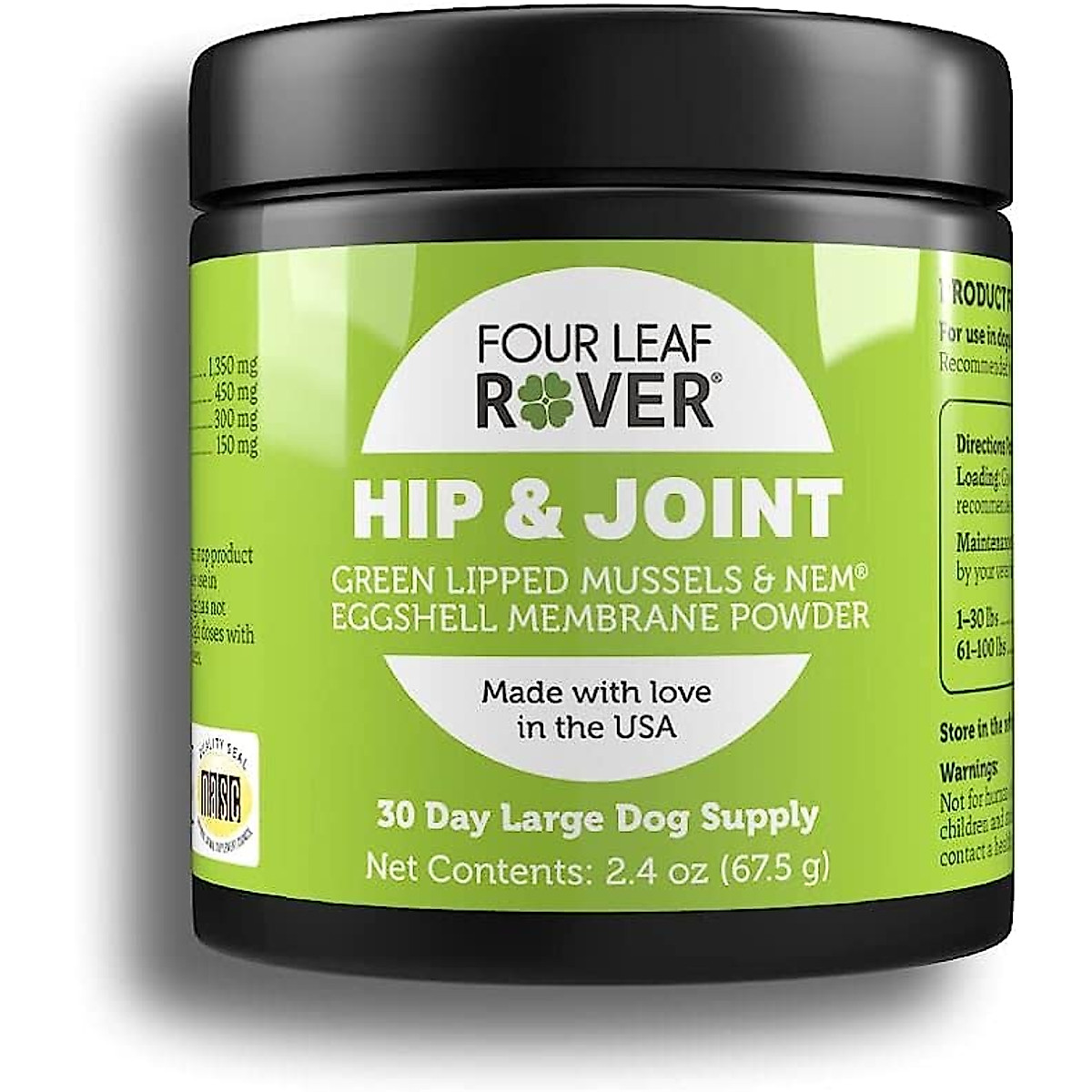 Four Leaf Rover Hip & Joint - Mobility & Joint Support with Glucosamine and Chondroitin for Dogs, 2.4 oz - 22 to 60 Day Supply, Depending on Dog’s Weight - Vet Formulated - Easy to Mix - Delicious