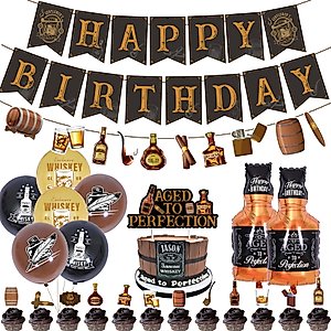 Chilfamy Whiskey Birthday Decorations for Men, Aged to Perfection Party Supplies with Happy Birthday Banner, Whisky Garland Banner, Cake Toppers, Foil Balloons for 30th 40th 50th Vintage Party Events