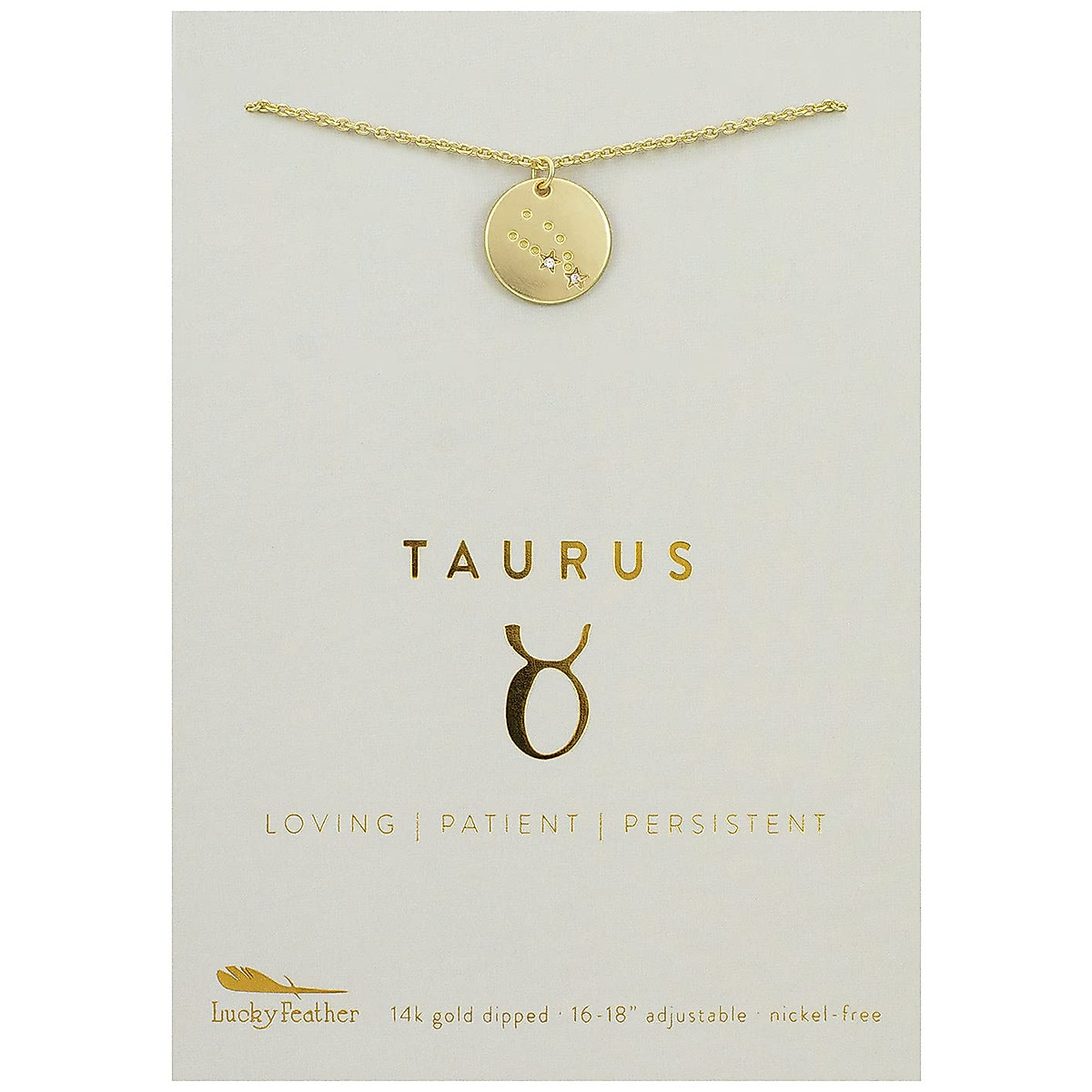 Lucky Feather Taurus Zodiac Sign Constellation Pendant Necklace for Women, 14K Gold-Dipped with Adjustable 16” – 18” Chain