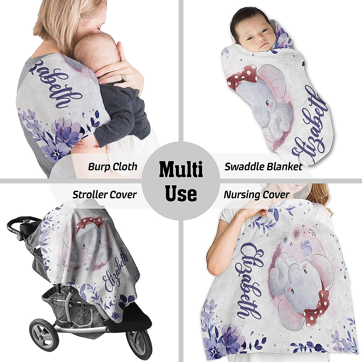 AVIClothes Customized Baby Girl Blanket, Personalized Baby Girl Elephant Blankets - Baby Blanket with Name for Baby Girl, 30 inches x40 inches , Fleece, Swaddle