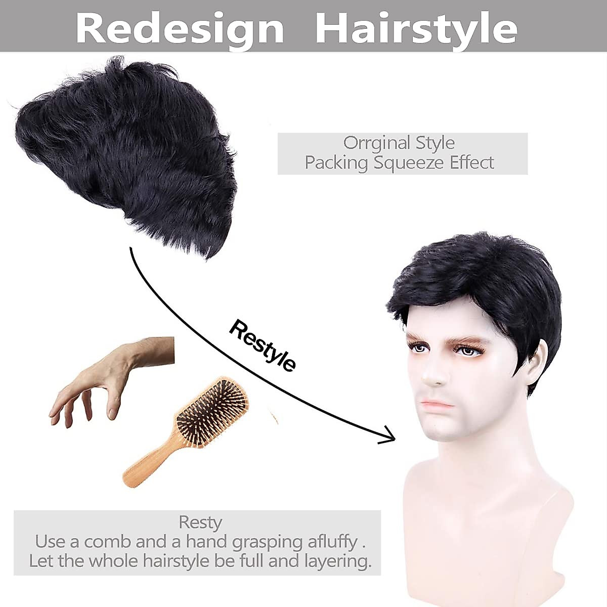 Creamily Mens Wig Short Hair, Mens Hair Replacement Wigs Realistic Mens's Black Wig for Men Synthetic Hair Full Wig for Male Guy Christmas Daily Wear