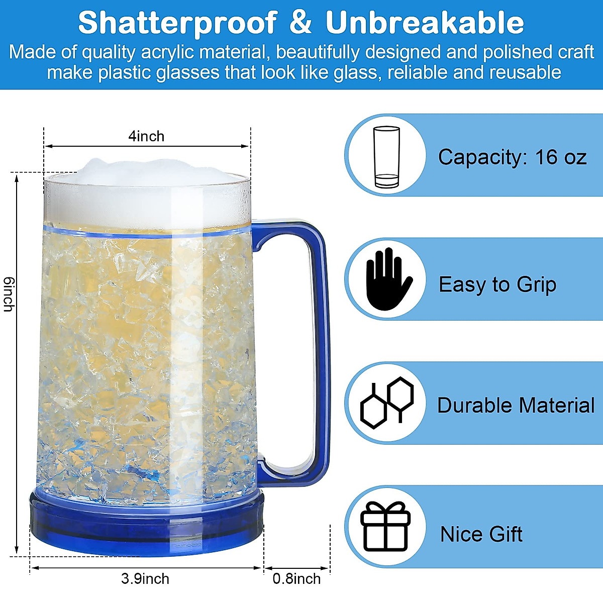 Freezer Beer Mugs with Gel, 16oz Double Wall Insulated Mug, Plastic Mugs with Handles, Freezer Mug for Beer, Clear Double Wall Gel Freezer Mugs for BBQs and Parties (Red/Orange/Blue/Green, 6 Pcs)