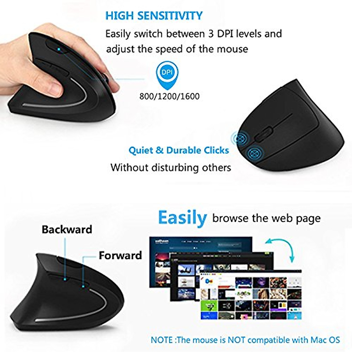 Lekvey Left Handed Mouse, Wireless 2.4 GHz USB Lefty Left Hand Ergonomic Vertical Mouse, Less Noise - Black