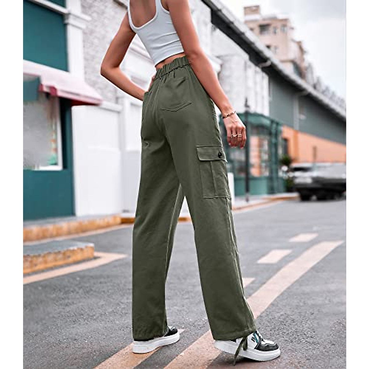 ZMPSIISA Women High Waisted Cargo Pants Wide Leg Casual Pants 6 Pockets Combat Military Trousers(Green,Medium)