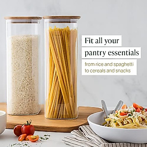 Bloom & Breeze Airtight Glass Pasta Containers for Pantry, Spaghetti Container, Glass Cereal Containers Storage, Rice Dispenser, Square Glass Storage Acacia Lids, Pack of 2, 73oz