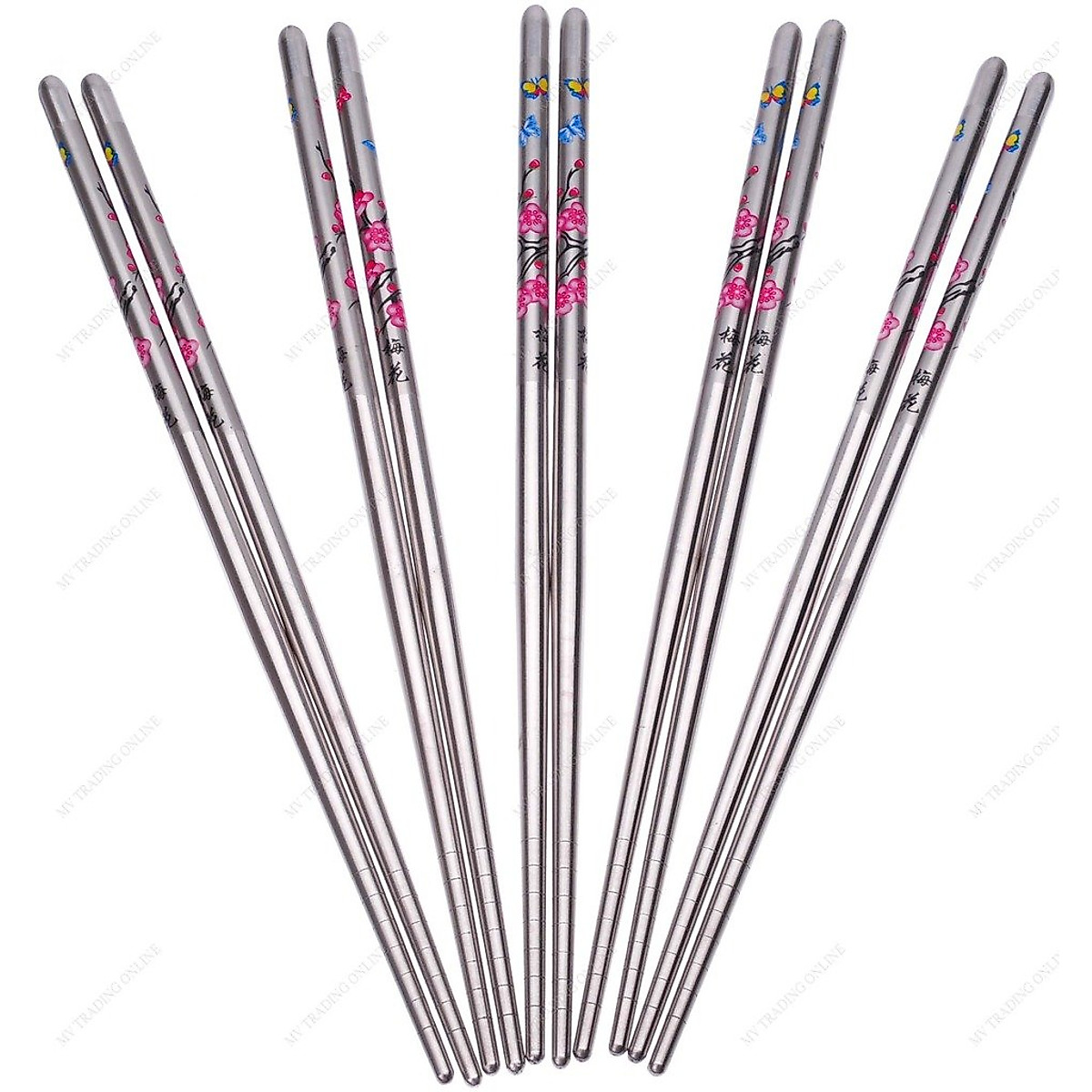 Stainless Steel Chopstick with butterflies and flowers Design, 5 Pairs