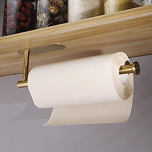 Paper Towel Holder Wall Mount，Aluminum Alloy Paper Towel Holder Sturdy and Durable ,Paper Towel Holder Under Cabinet ,Vertically or Horizontally Mount Both Available in Adhesive and Screws（Gold）