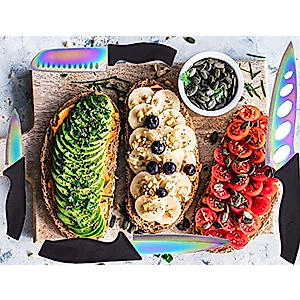 Lightahead 7pcs Premium Rainbow Colored Knife Set, 6 Stainless Steel Kitchen Knives with Chopping Board