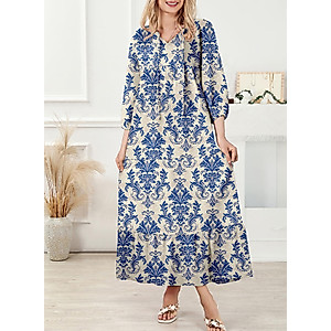 Dokotoo Womens Sundresses V Neck Boho Maxi Dress Puff Sleeve Long Dresses Ruffle A Line Flowy Beach Dresses XX-Large Blue