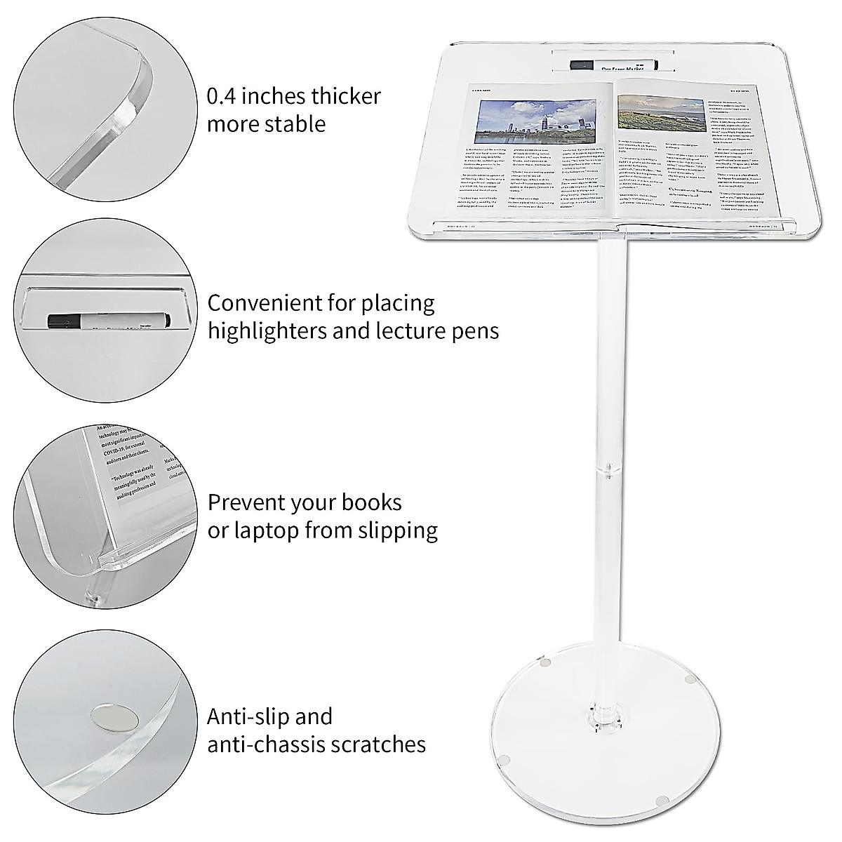 FCCABIN Gorgeous Acrylic Podium Stand Easy to Assemble Durable Podium, Strong Portable Larger Flexible Adjustable Angle Podium Stand with Baffles and Pen Slot for Church Speeches Wedding Teacher