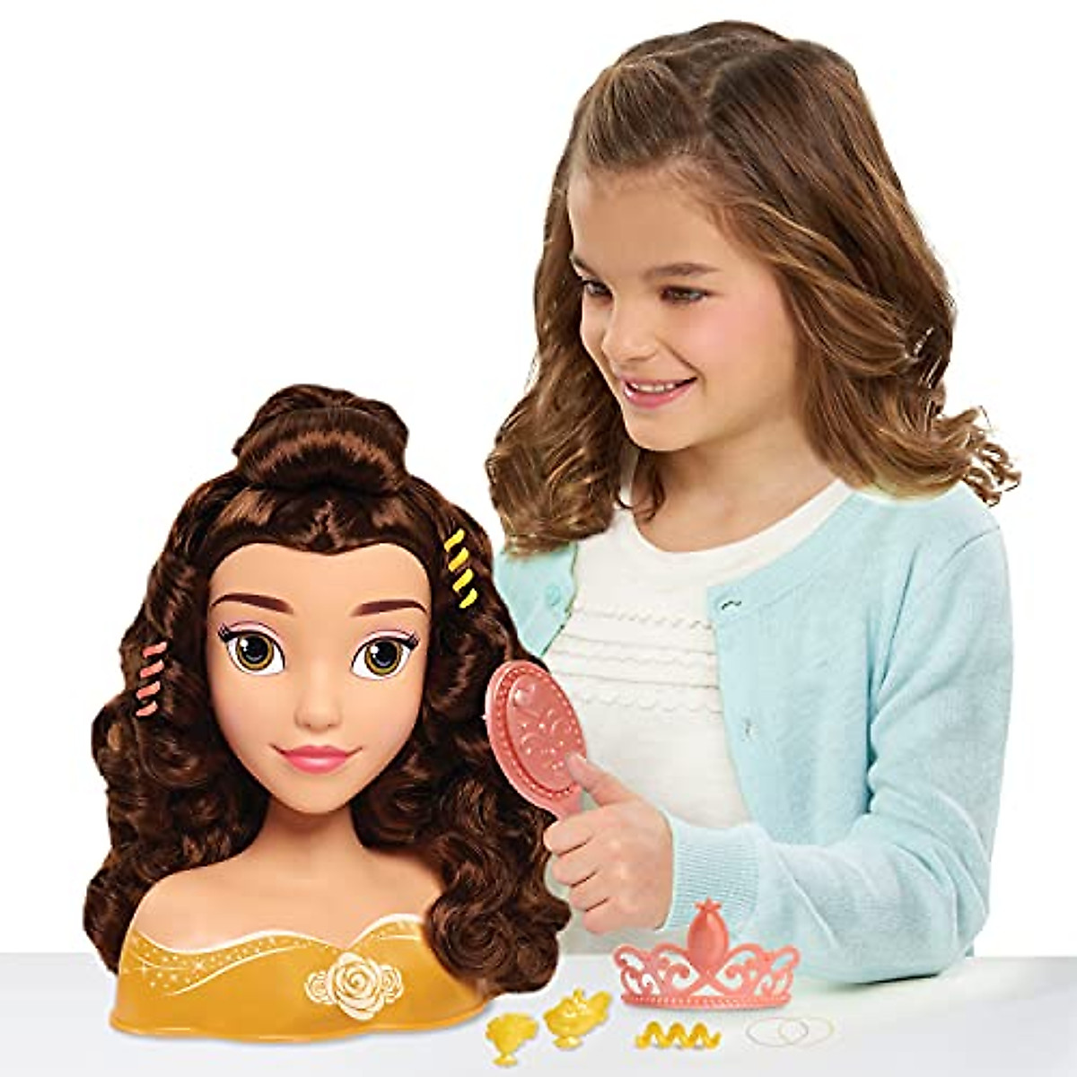 Disney Princess Belle Styling Head, Brown Hair, 10 Piece Pretend Play Set, Beauty and the Beast, Officially Licensed Kids Toys for Ages 3 Up by Just Play