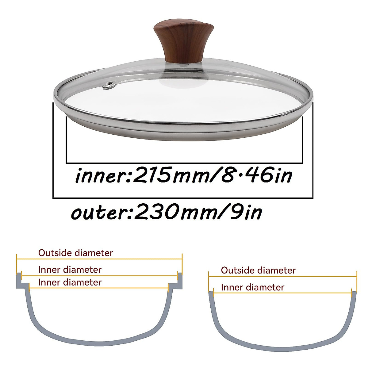 LC LICTOP 9" Tempered Glass Lid 304 Stainless Steel Rim Cookware Cover Replacement for 9-Inch Pan or Pot (Heat Resistant Bakelite Knob)