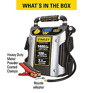 STANLEY J7C09D Digital Portable Power Station Jump Starter: 1400/700 Instant Amps, 120 PSI Air Compressor, 3.1A USB Ports, Battery Clamps