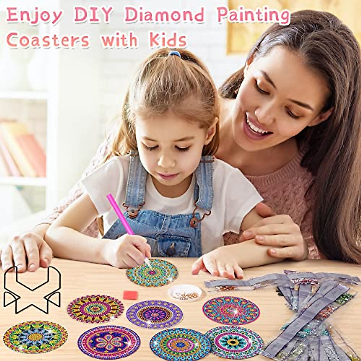 Billbotk Diamond Painting Coasters Kit, 8 Pieces Mandala with Holder, DIY Art for Beginners, Kids
