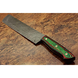 12.5" hand forged Damascus steel Nakiri knife, kitchen knife, vegetable knife, 2 tone Green & Maroon wood scale, Cow hide Leather sheath with belt loop