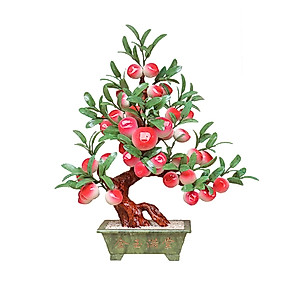 QTBH Fake Bonsai Tree Artificial Bonsai Tree - Jade Bonsai Decoration Artificial House Plants Jade Shou Peach Tree Bonsai Plant for Decoration Desktop Display Artificial Bonsai Tree