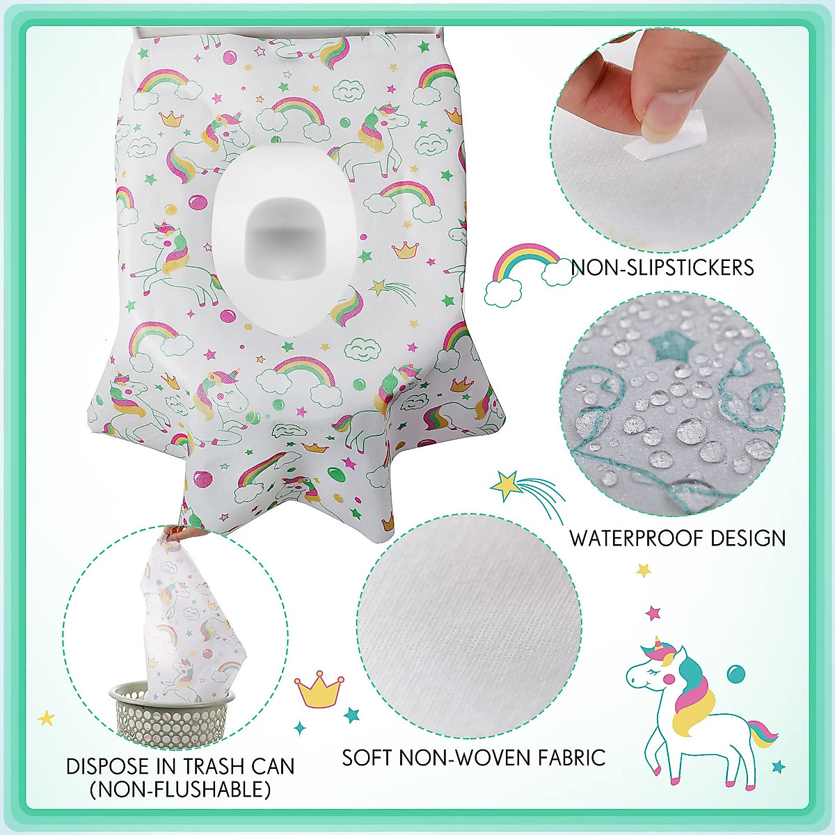 50 Packs Disposable Toilet Seat Covers Extra Large Individually Wrapped for Kids and Adults, Portable Non Slip Waterproof Potty Seat Covers for Toddlers Potty Training, Travel (Unicorn)