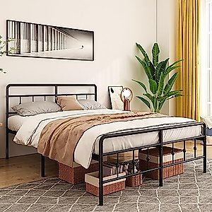 HOBINCHE Queen Metal Bed Frame with Vintage Headboard and Footboard,Victorian Style Platform Bed Frame,Sturdy Heavy Duty Slat Support,No Box Spring Needed, Noise Free,Black