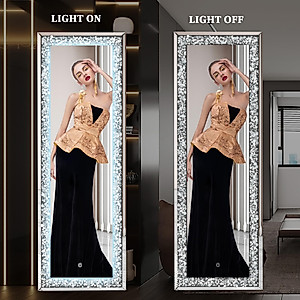 Hasipu Full-Length Mirror 63”×20” with Lights and Crystal Crush Diamond, Wall Mounted Hanging Diamond Mirror Leaning for Living Room Bedroom