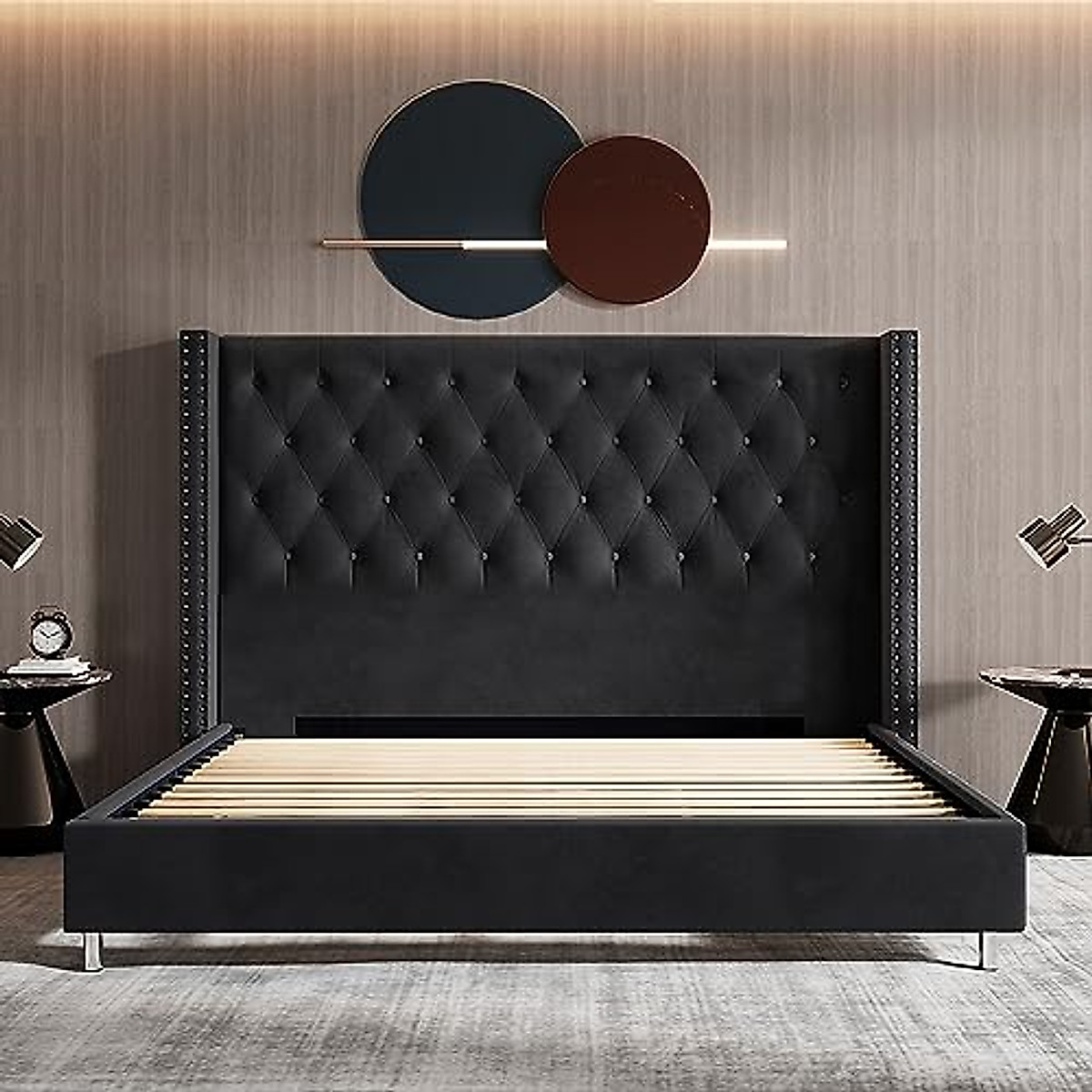 Jocisland King Bed Frame Upholstered Bed Wingback Headboard Velvet Tufted Diamond Button/No Box Spring Needed/Easy Assembly/Black