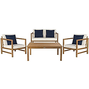 SAFAVIEH Outdoor Collection Montez Natural/ Beige Cushions/ Navy Pillows 4-Piece Conversation Patio Set