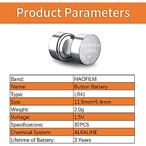 HAOFILM LR41 AG3 392 384 192 Advanced Alkaline Battery, 1.5V Round Coin Cell Battery (Pack of 10)