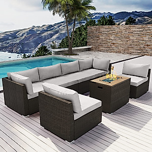 MODENZI Patio Furniture Outdoor Sectional with Propane Fire Pit Table Espresso Brown Wicker Resin Garden Conversation Sofa Set (Light Grey)