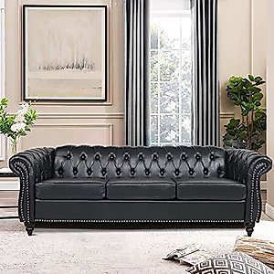 LEVNARY Chesterfield Sofa, Classic Tufted Upholstered Leather Couch, Modern 3 Seater Couch Furniture with Tufted Back for Living Room Office (Black)