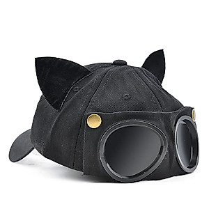 Retro Aviator Hat with Cat Ears Glasses Peaked Cap Sunglasses Baseball Cap Hip Hop Mask Black
