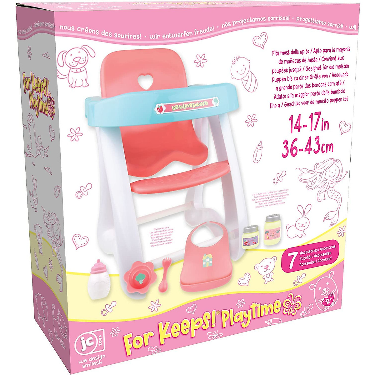 JC Toys - for Keeps Playtime! | Baby Doll High Chair | Fits Dolls up to 17" | Sturdy High Chair and Play Accessories | Ages 2+, Pink