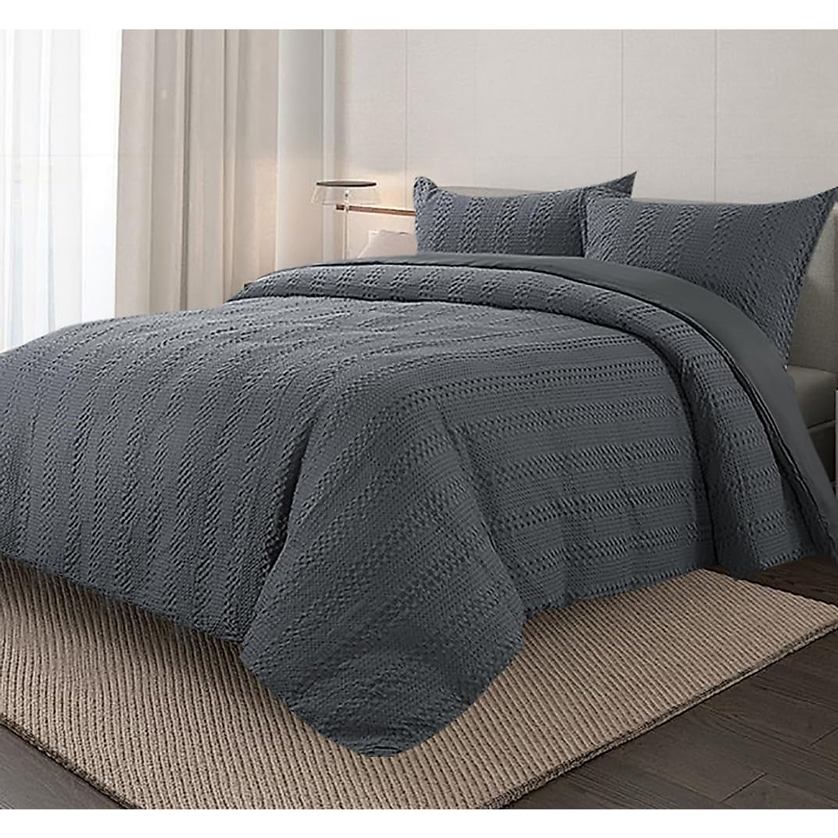 Lxztayuk 128x120 Extra Large King Size Waffle Duvet Cover, Microfiber Duvet Cover 3 Piece Set, King Size Gray Duvet Cover, Bohemian Style Duvet Cover, (128"X120")