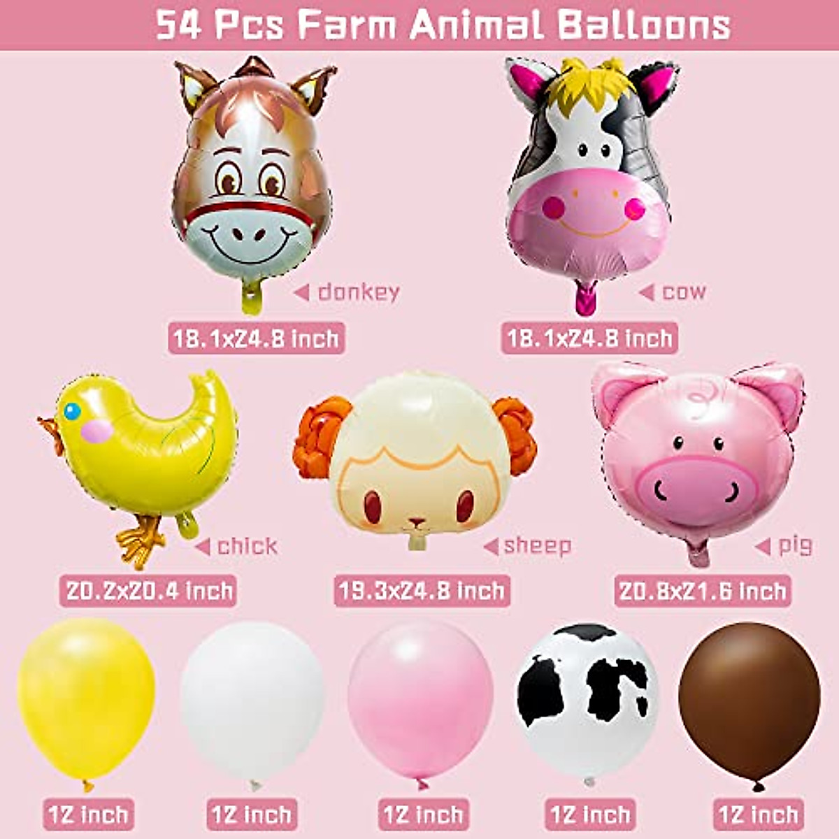 54Pcs Farm Animal Pattern Balloon Decorations Cow Sheep Piglet Yellow Chicken Donkey Farm Animal Print Balloon Farm Theme Birthday Party Baby Shower Supplies Family Photo Booth Courtyard Decoration