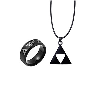 Winssigma Stainless Steel Ring for Men, Triangle Pendant Necklace Cosplay Jewelry Set for Gaming Enthusiast(Black #11)