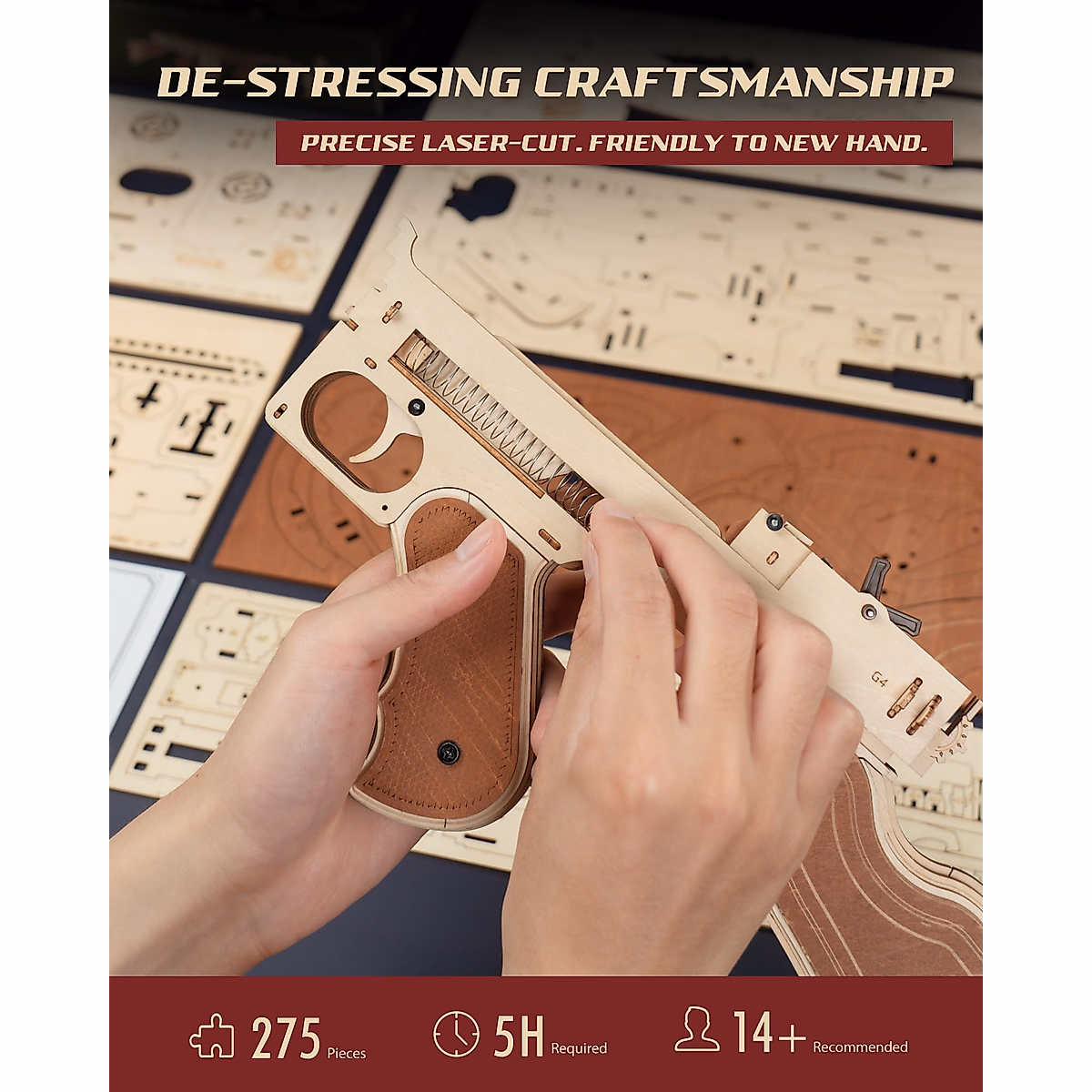 ROKR 3D Wooden Puzzles for Adults 275pcs Submachine Gun Rubber Bands Gun Toy DIY Building Model Kits Assembly puzzle Gifts for Teens