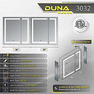 DECADOM LED Mirror Medicine Cabinet Recessed or Surface, Dimmer, Clock, Room Temp Display, Dual Outlets (Duna 30x32)