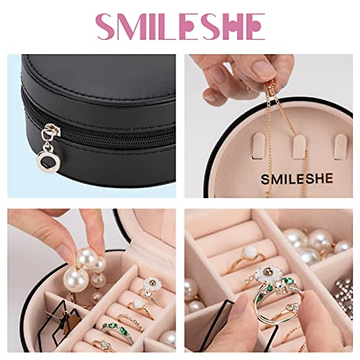 Smileshe Travel Jewelry Box, Mini Portable Organizer Travel Case with Zipper, PU Leather Small Storage Boxes for Rings, Earrings, Necklaces, Bracelets