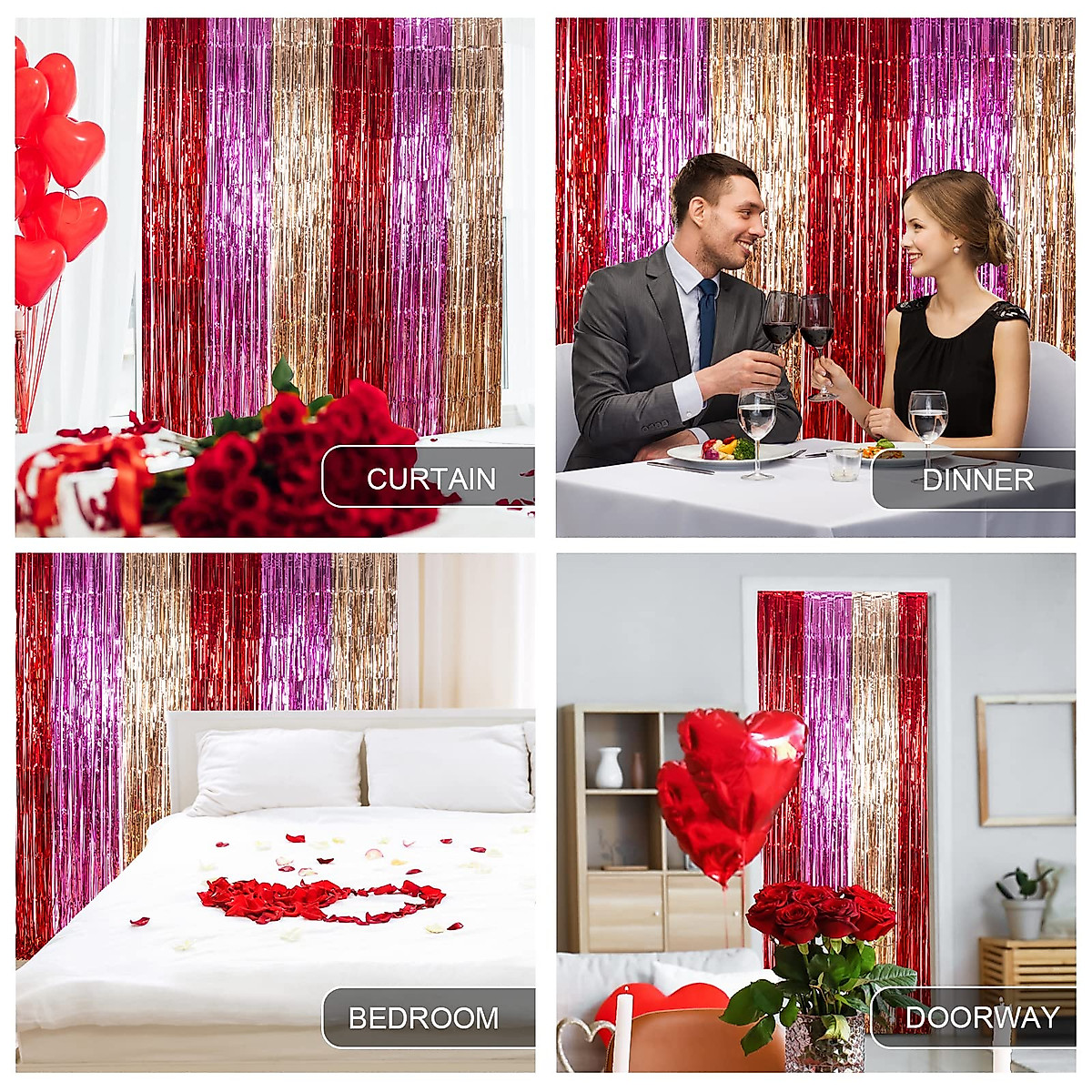 LOLStar 3 Pack Valentine's Day Photo Booth Props Valentines Day Party Decorations 3.3X6.6 ft Red Pink and Champagne Gold Foil Fringe Curtains Backdrop Streamers for Valentine's Day Decor