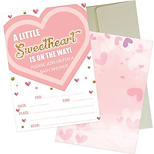 25 Sweetheart Baby Shower Invitations for Girls, Pink Baby Shower Invites with Envelopes, A Little Sweetheart is on the Way Baby Shower Fill-in Invitations Cards