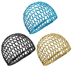 Framendino, 3 Pack Mesh Crochet Hair Net Rayon Knit Snoods Hat Thick Hairnet Snood Cover Ornament for Night Sleeping Hair Accessories (Blue & Black & Khaki)