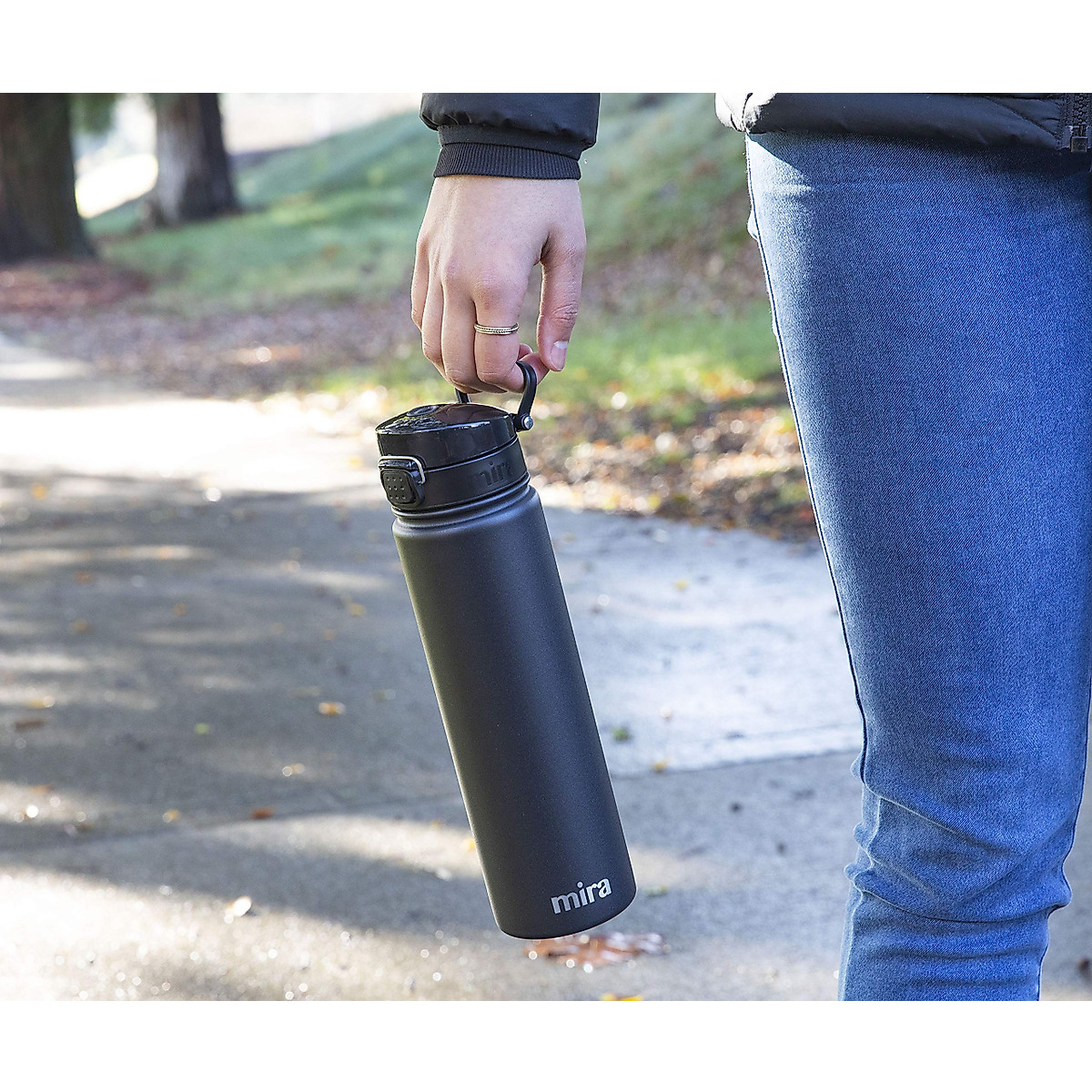 MIRA Stainless Steel Water Bottle - Hydro Vacuum Insulated Metal Thermos Flask Keeps Cold for 24 Hours, Hot for 12 Hours - BPA-Free One Touch Spout Lid Cap - 24 oz (710 ml) Black