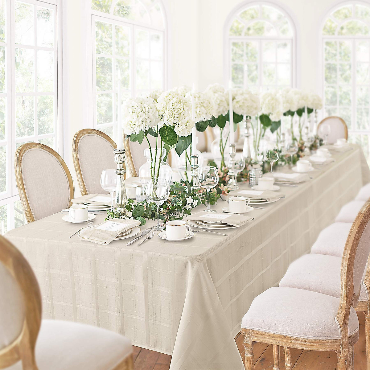 Newbridge 60 x 144 Inch Rectangle Fabric Tablecloth, Elegance Plaid, 100% Polyester, No Iron Soil Resistant Dining Room, Party and Banquet Table Cover, Solid Textured, Beige