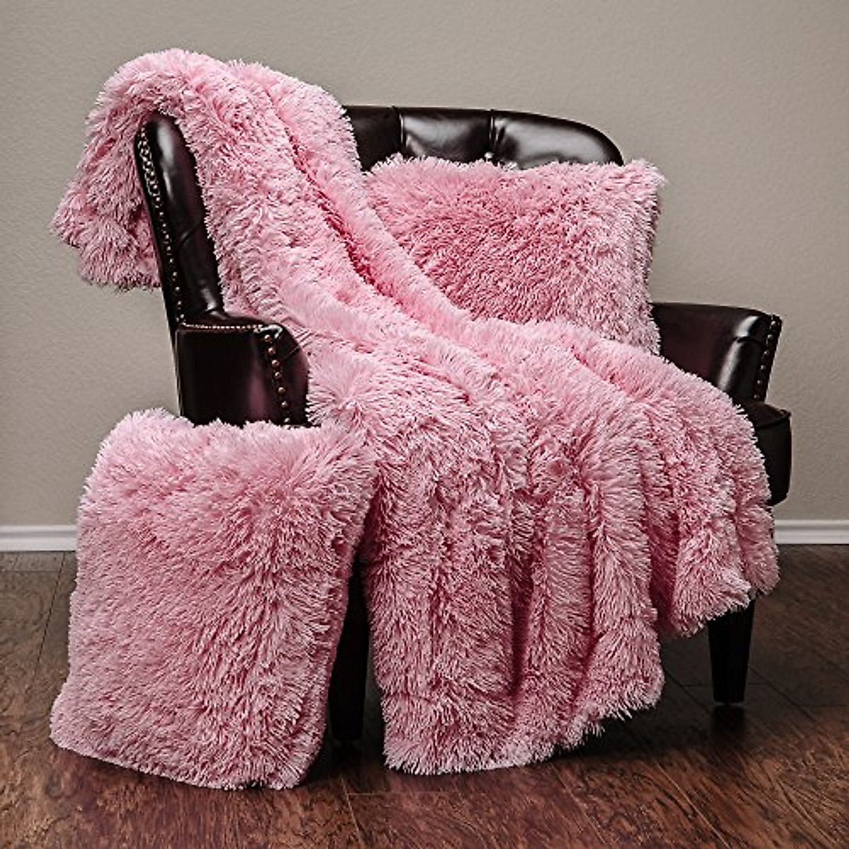 Chanasya Fuzzy Shaggy Faux Fur Throw Blanket and Pillow Cover 3-Piece Set - Lightweight Plush Sherpa Throw (50x65 Inches) and 2 Matching Throw Pillow Covers (18x18 Inches) for Bed Couch - Pink