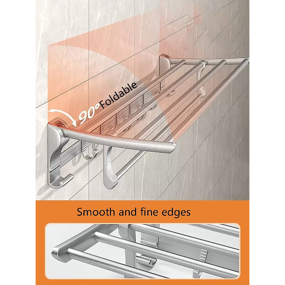 Bathroom Shelves Stud Mount Double Towel Rack Stainless Steel Constructed Rust-Proof Shelf with Built-in Bars and Hooks, Brushed Nickel Concealed Screw (Color : Silver, Size : 60cm)