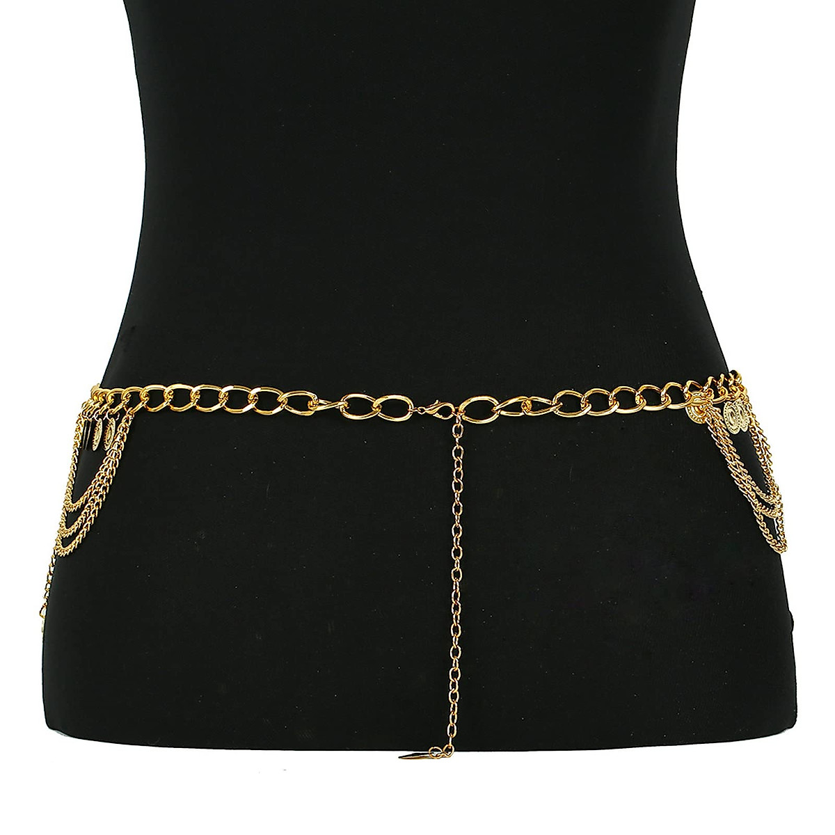 Gold Chain Belts for Women, Multilayer Alloy Coin Waist Chain Belt, Adjustable Golden Body Chains Long Tassel Pendant Belly Western Jewelry (Length 80+15cm)