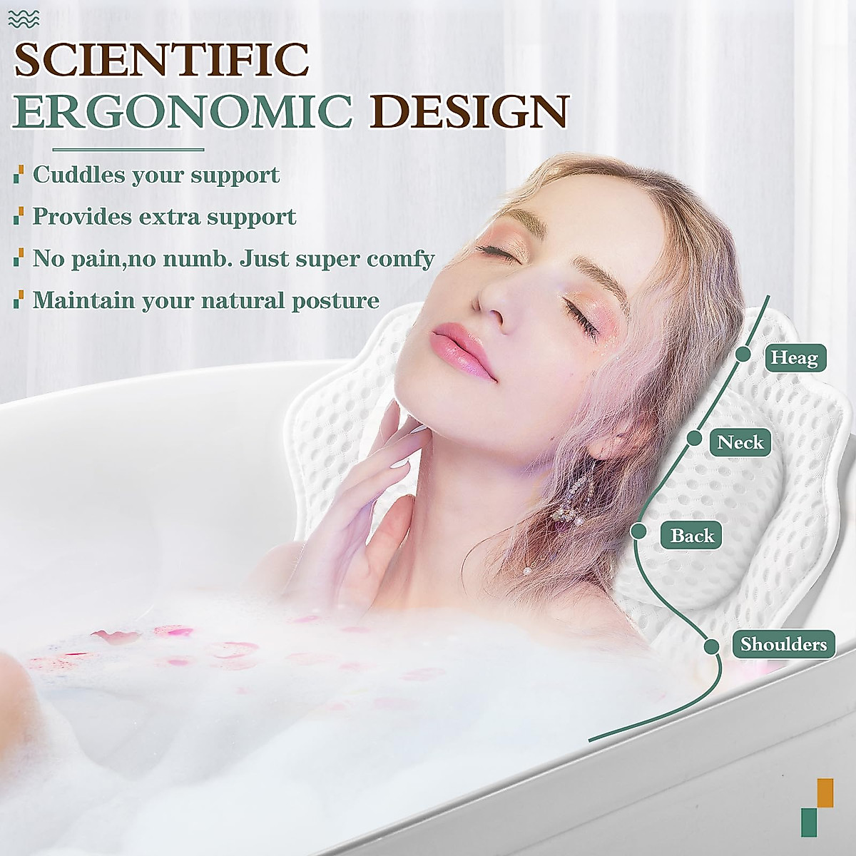 Bath Pillow RUVINCE Ergonomic Luxury Bathtub Pillow with Head,Neck, Shoulder and Back Support, 4D Bath Pillows for tub with 6 Powerful Suction Cups, Fits All Bathtub