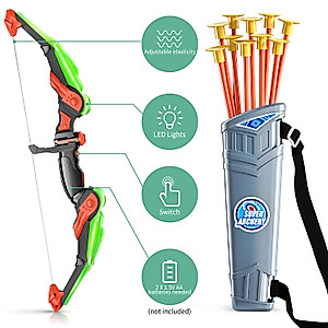 TEMI Kids Bow and Arrow Set - LED Light Up Archery Toy Set with 10 Suction Cup Arrows, Target & Quiver, Indoor and Outdoor Toys for Children Boys Girls