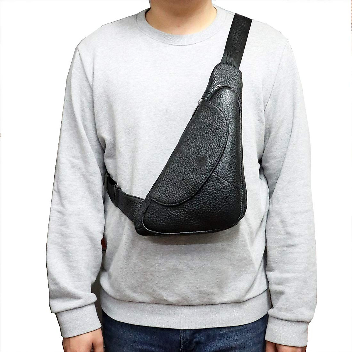 Vidlea Basic Black Leather Sling Bag Crossbody Chest Pack Shoulder Daypack (Black)