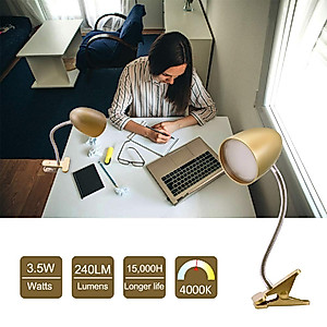 Energetic Clip on Lamp for Bed, Non-Dimmable Reading Light for Bed and Desk, 4000K Cool White, 3.5W 240 LM Flexible Gooseneck lamp, Eye Protection, ETL Listed, Gold