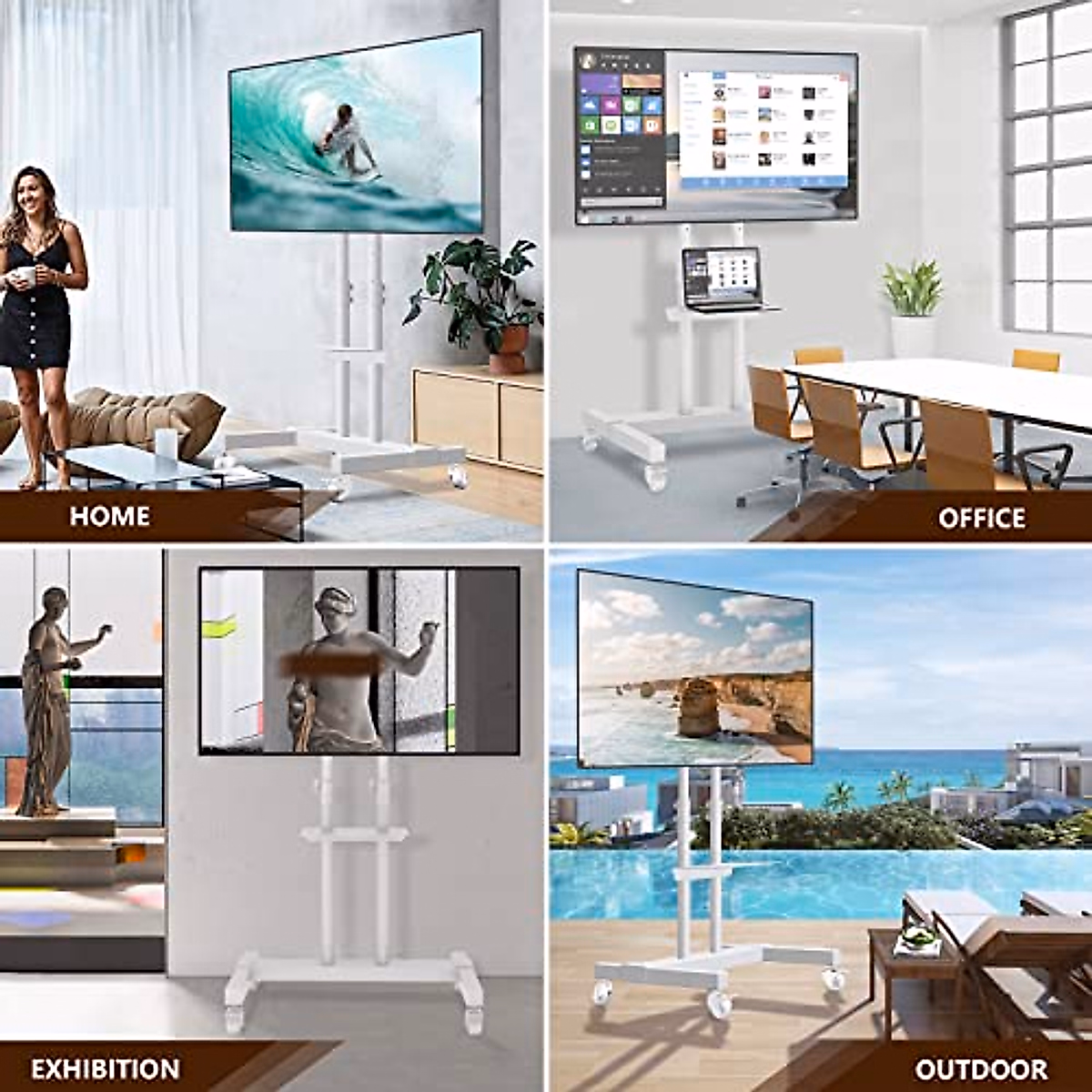 Mobile TV Stand Rolling TV Cart Floor Stand with Mount on Lockable Wheels Height Adjustable Shelf for 32-80 Inch TV Stand Flat Screen or Curved TVs Monitors Display Trolley Loading 110 lbs, White